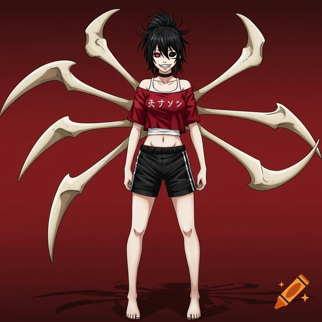 Tokyo Ghoul OC with black hair, red ghoul eyes, red crop top and bone ...