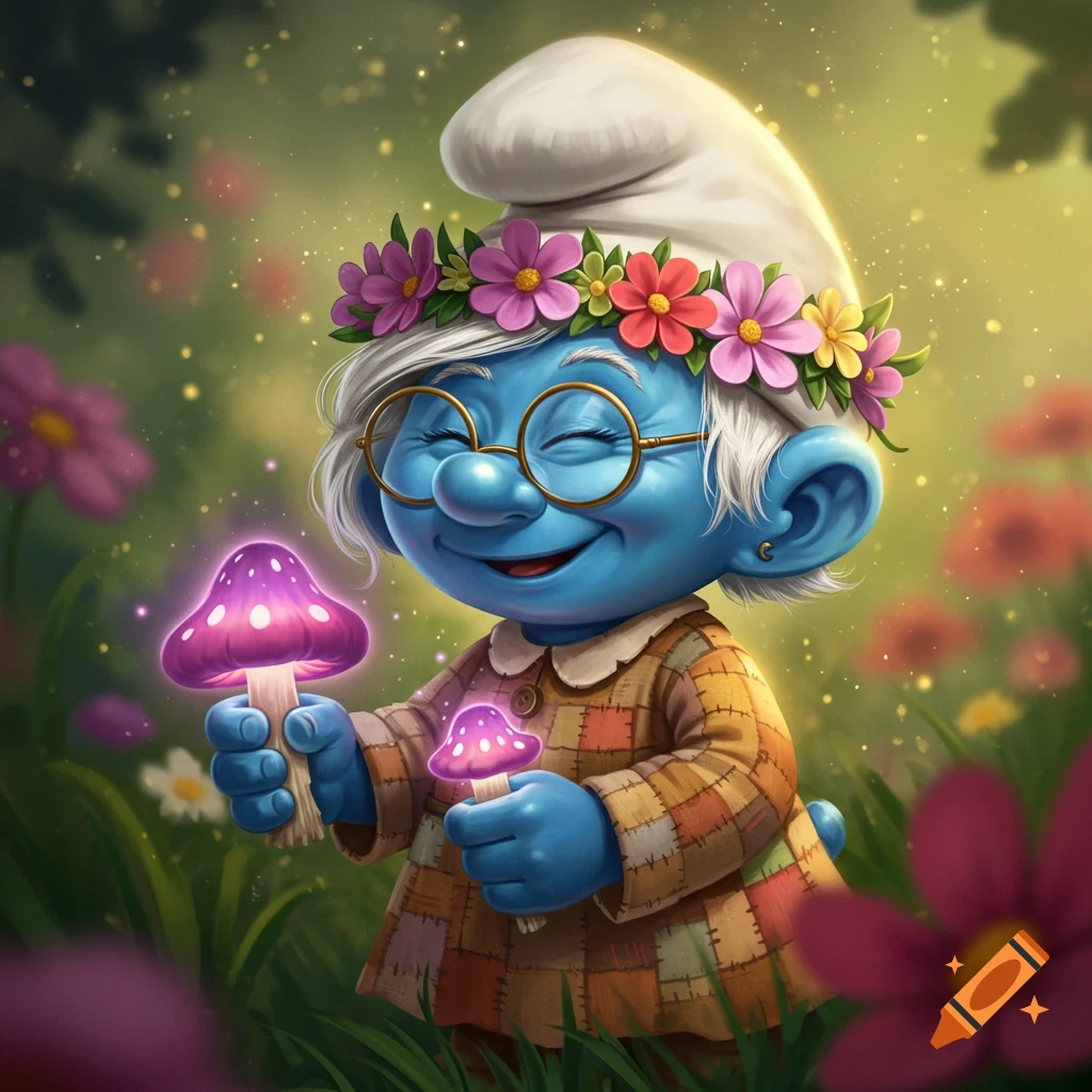 Smurfette smiling in a sunny field of colorful flowers. on Craiyon