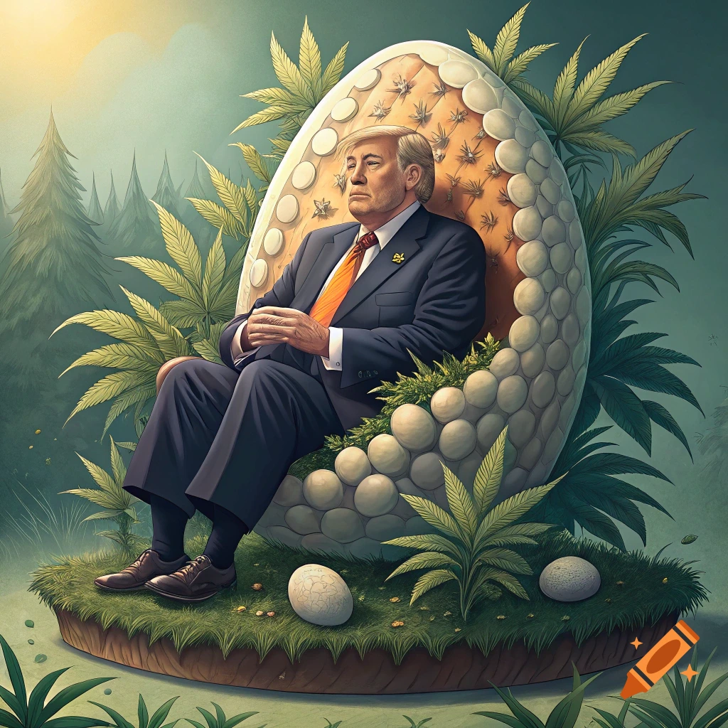 Trump with orange mustache on egg throne surrounded by marijuana on Craiyon
