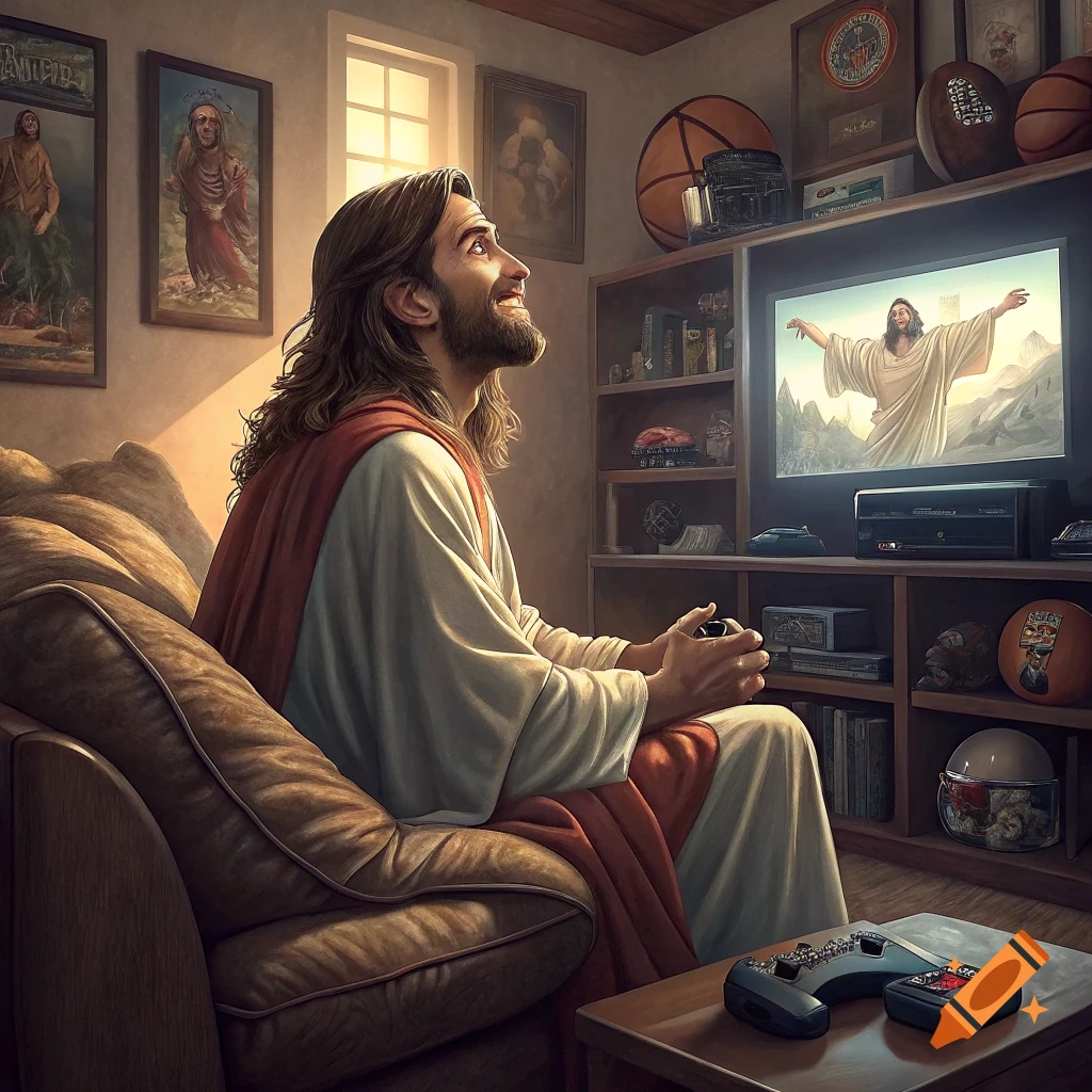 Jesus Christ holds a package outside a building at night, seen from a ...