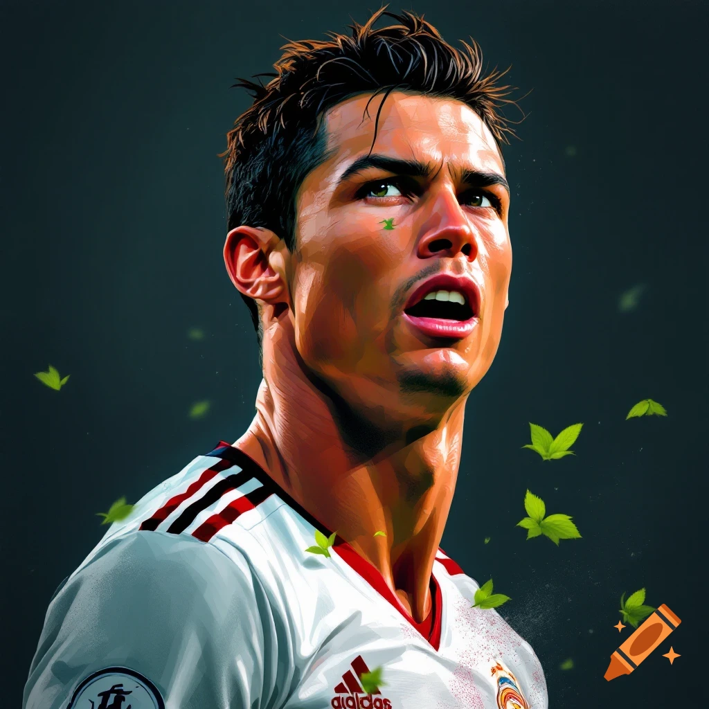 Portrait of Cristiano Ronaldo in a white soccer jersey with green ...