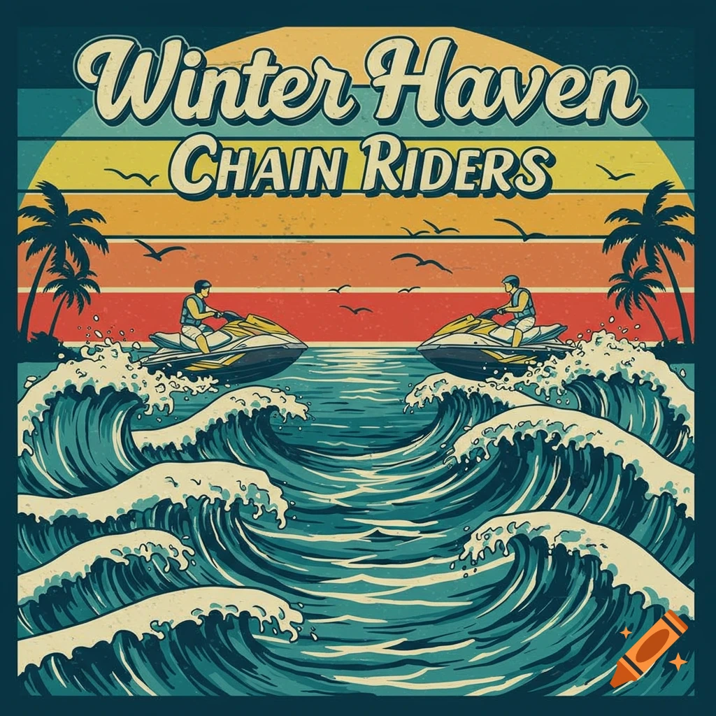 Retro illustration of jet skis, ocean waves, and 'Winter Haven Chain ...