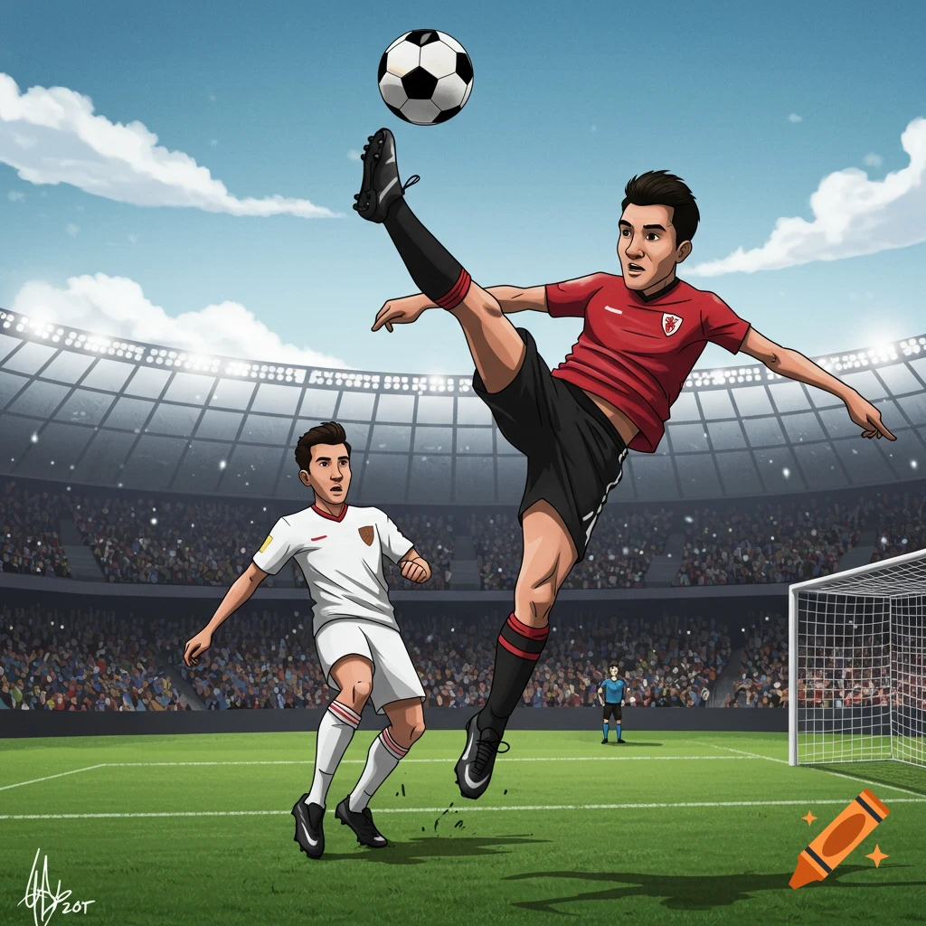 Cartoon soccer player performs a bicycle kick during a game in a ...