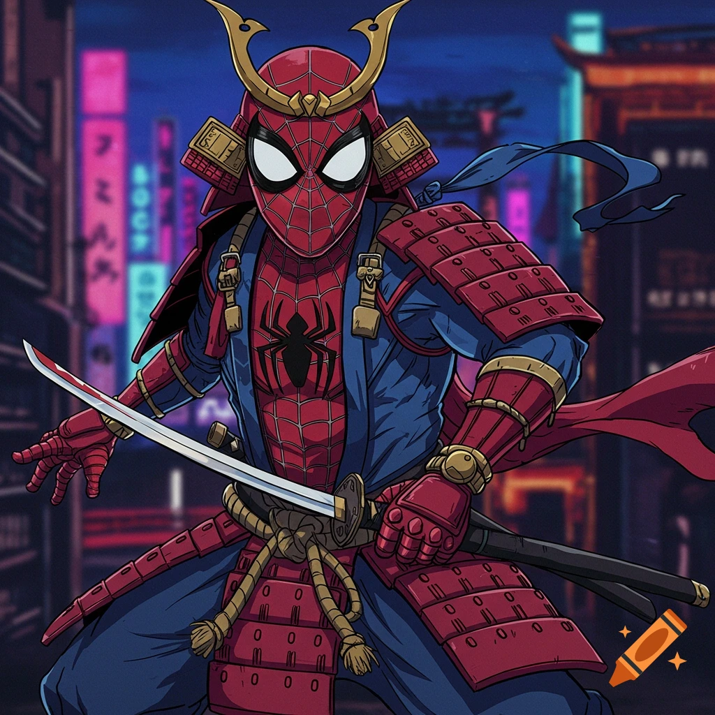 A stylized illustration of Spider-Man wearing samurai armor and holding ...