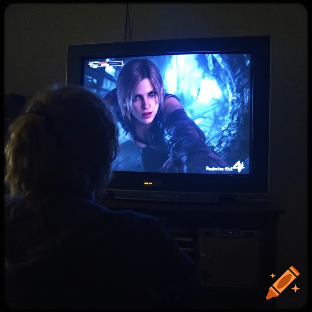 A person plays Resident Evil 4 on an old television in a dark room. on ...