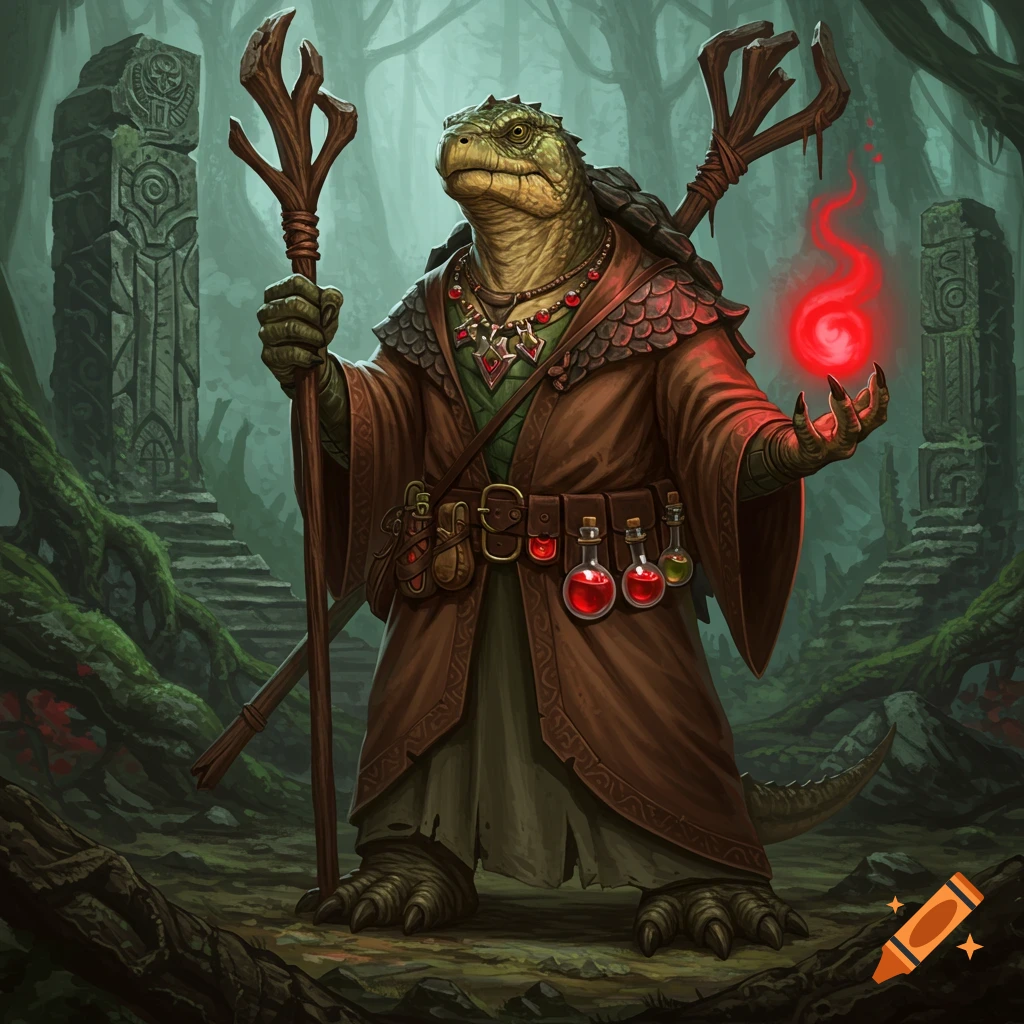 Colossal humanoid Snapping Turtle in dragon-scaled robe amidst ancient ...