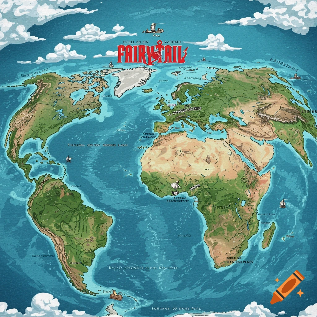 One Piece Grand Line and Fairy Tail land-based geography on Craiyon
