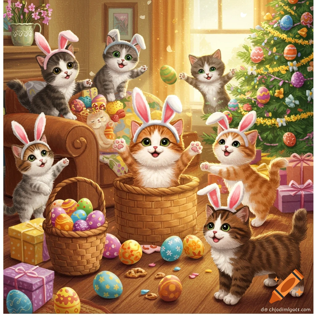 Cute cats wearing bunny ears celebrating Easter with eggs, presents ...