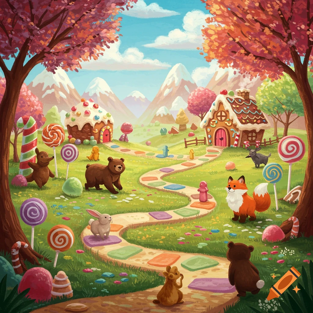 Cartoon animals in a colorful fantasy candy land landscape with ...