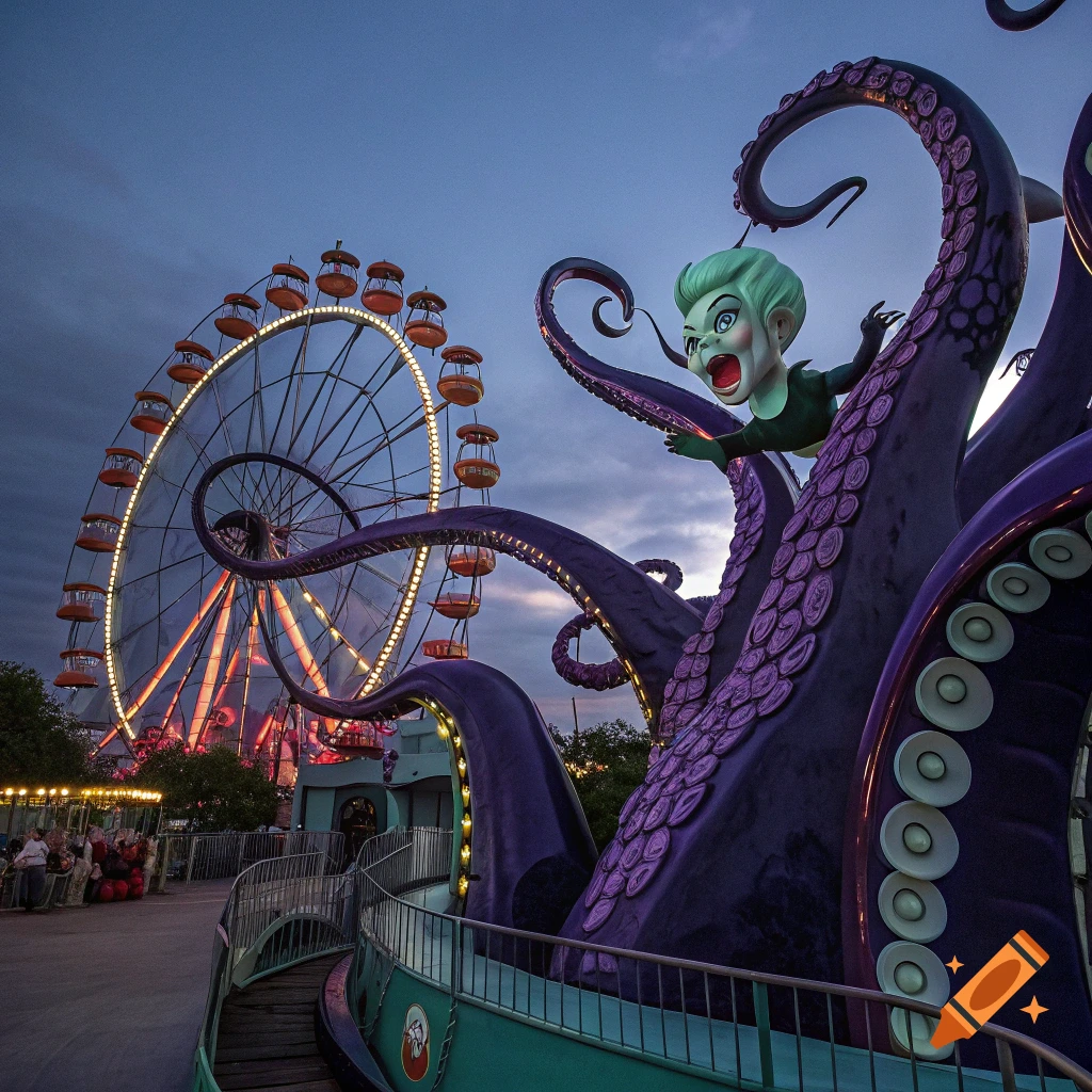 A large Ursula-like figure with purple tentacles is part of a theme park ride, with a lit-up ...