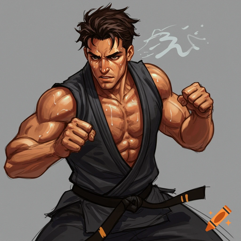 Muscular man in a black martial arts gi in a fighting pose, depicted in ...