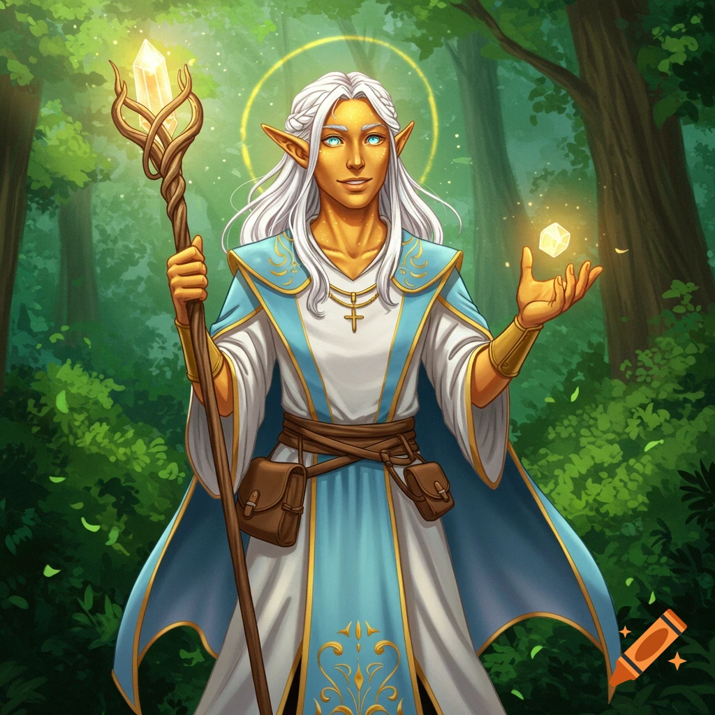 A male elf twilight cleric with long purple hair and glowing eyes ...