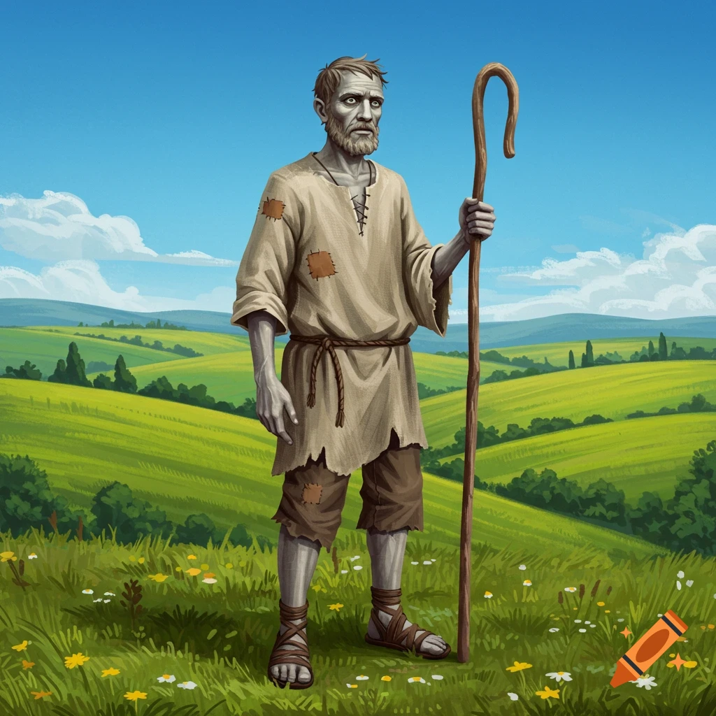 Shepherd in traditional clothes with stone-like skin on Craiyon