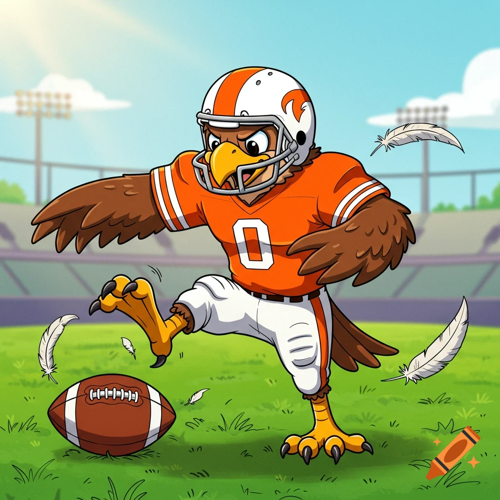 Cartoon hawk in a football uniform kicking a football on a field on Craiyon