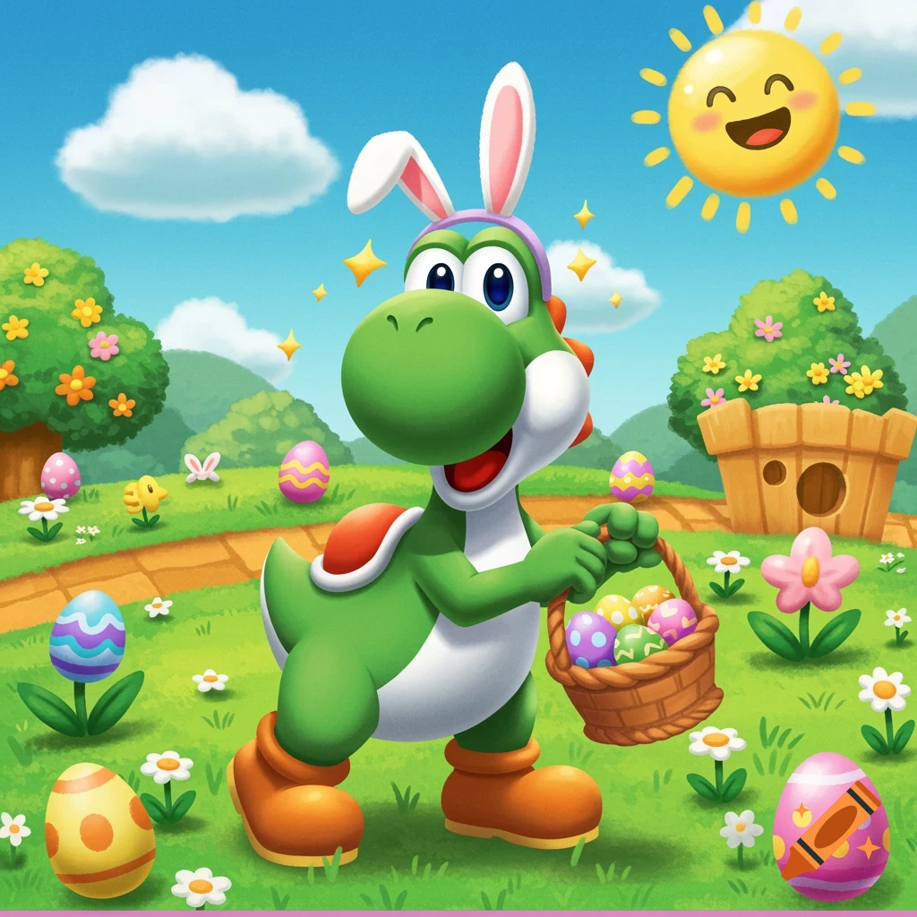 Yoshi with bunny ears holds an Easter basket full of eggs in a field ...