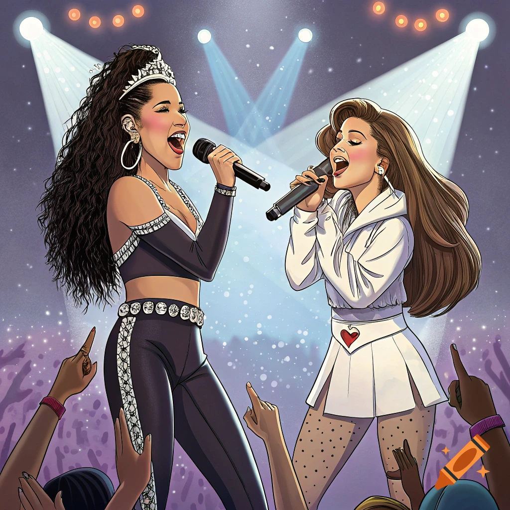 Two female singers perform on stage with microphones in a concert ...