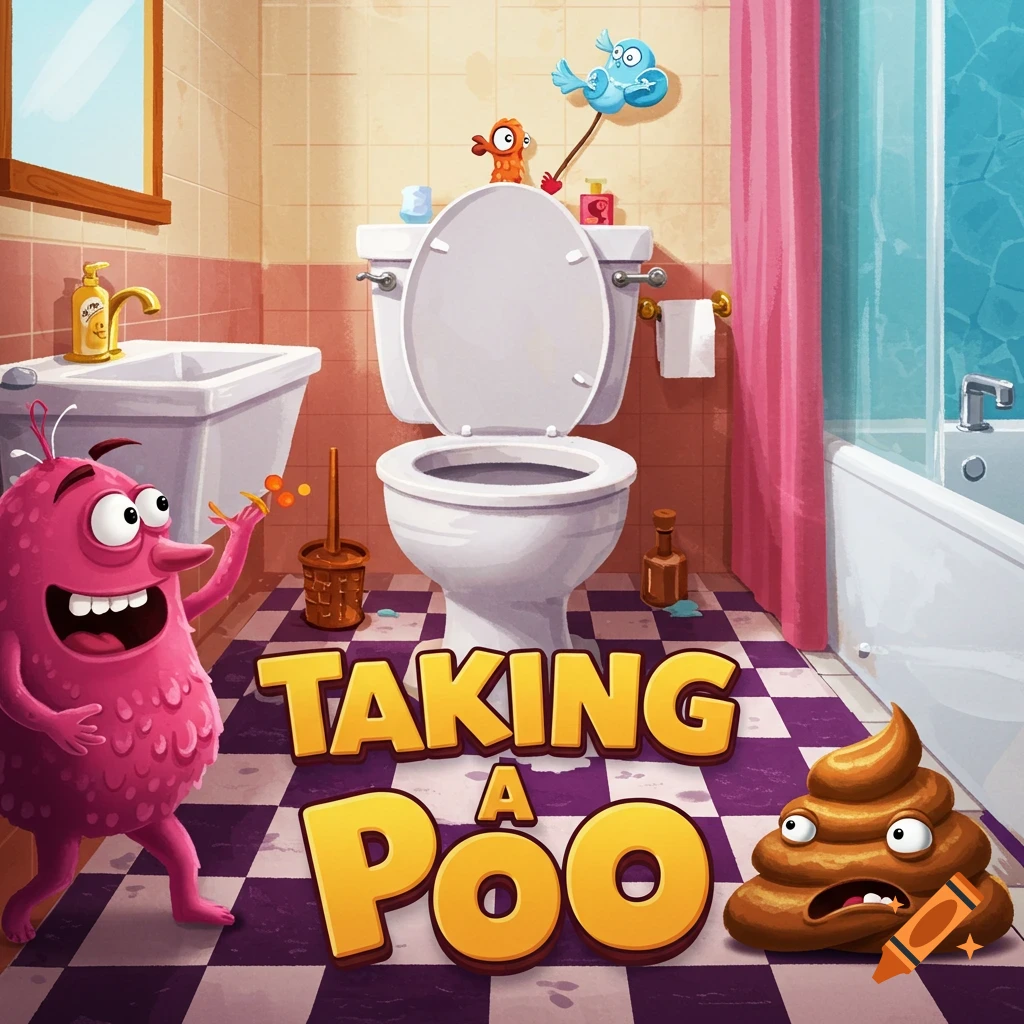 Cartoon monster and poop character in a bathroom with text 'Taking a ...
