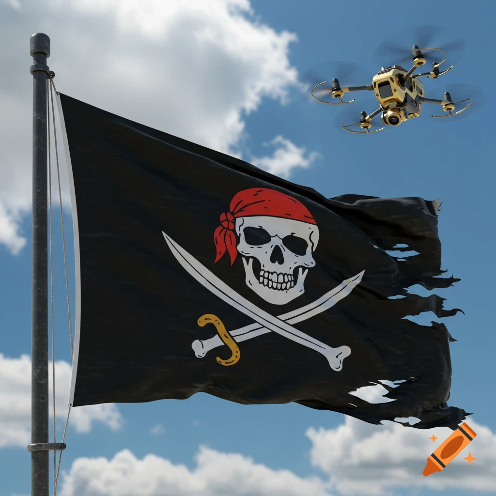 A Jolly Roger pirate flag flies from a pole with a drone hovering above ...