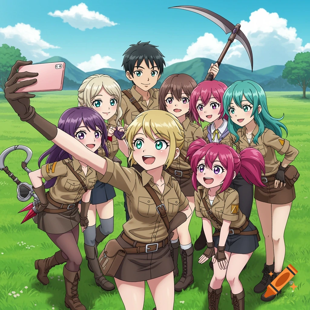 Team Shining: Next Gen in Explorer Uniforms taking a selfie in an open field, Chibi Style on Craiyon