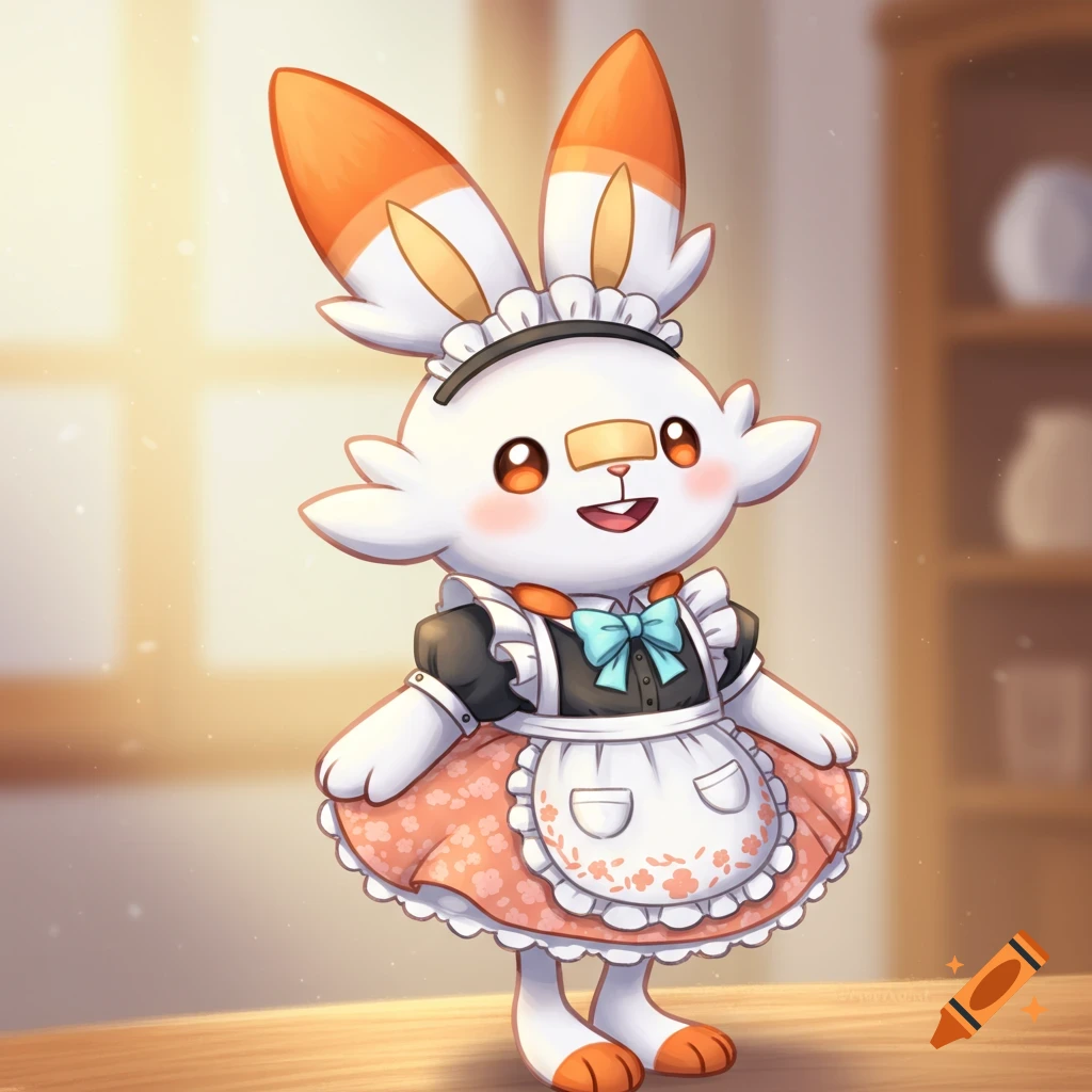 Cartoon Scorbunny Pokemon character wearing a maid outfit, standing indoors. on Craiyon