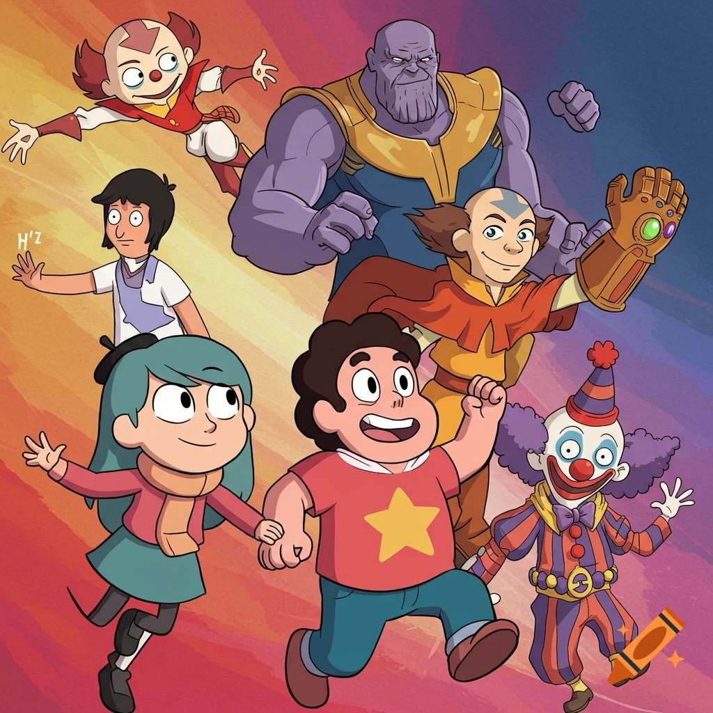 Cartoon of diverse characters including Iron Man, Baymax, Patrick, a ...