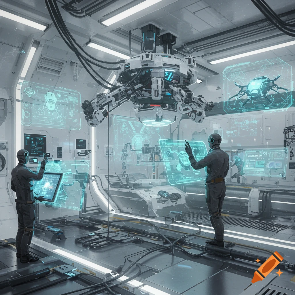 Hyper-advanced robotic design studio with AI assembling modular drones in a minimalist neon ...