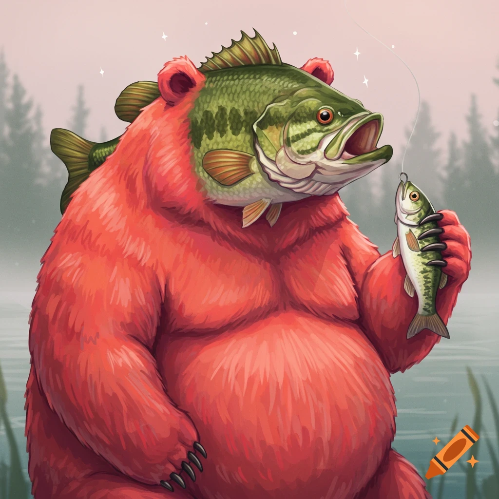 A red bear with a fish head is holding up a small fish while fishing on ...