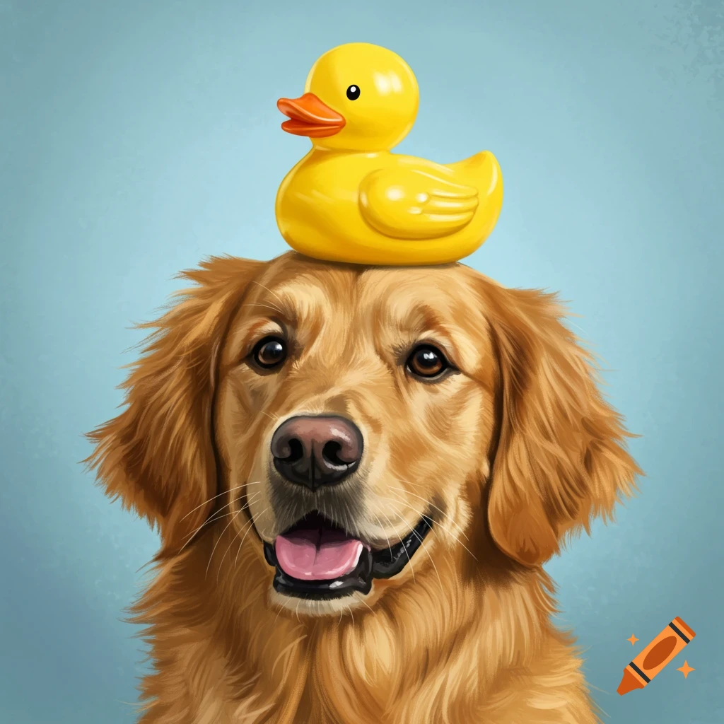 A golden retriever with a rubber duck on its head. on Craiyon