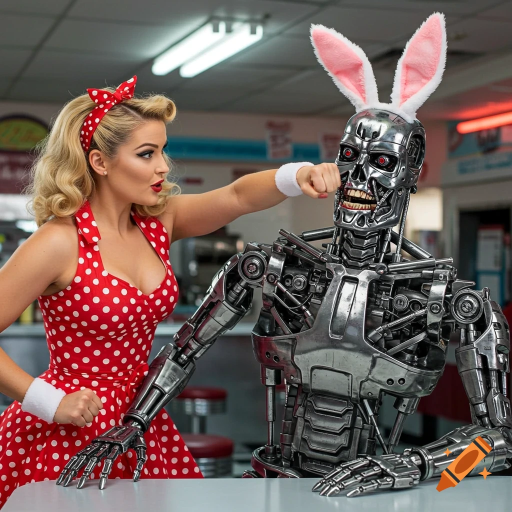 1950s pinup girl battling The Terminator as the Easter Bunny on Craiyon