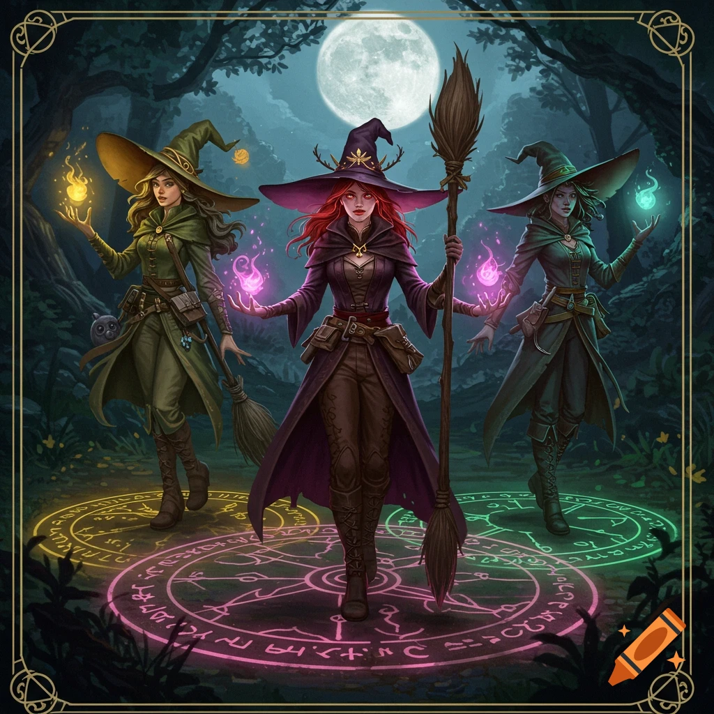 Illustration of a witch coven in a moonlit glade with magical symbols ...