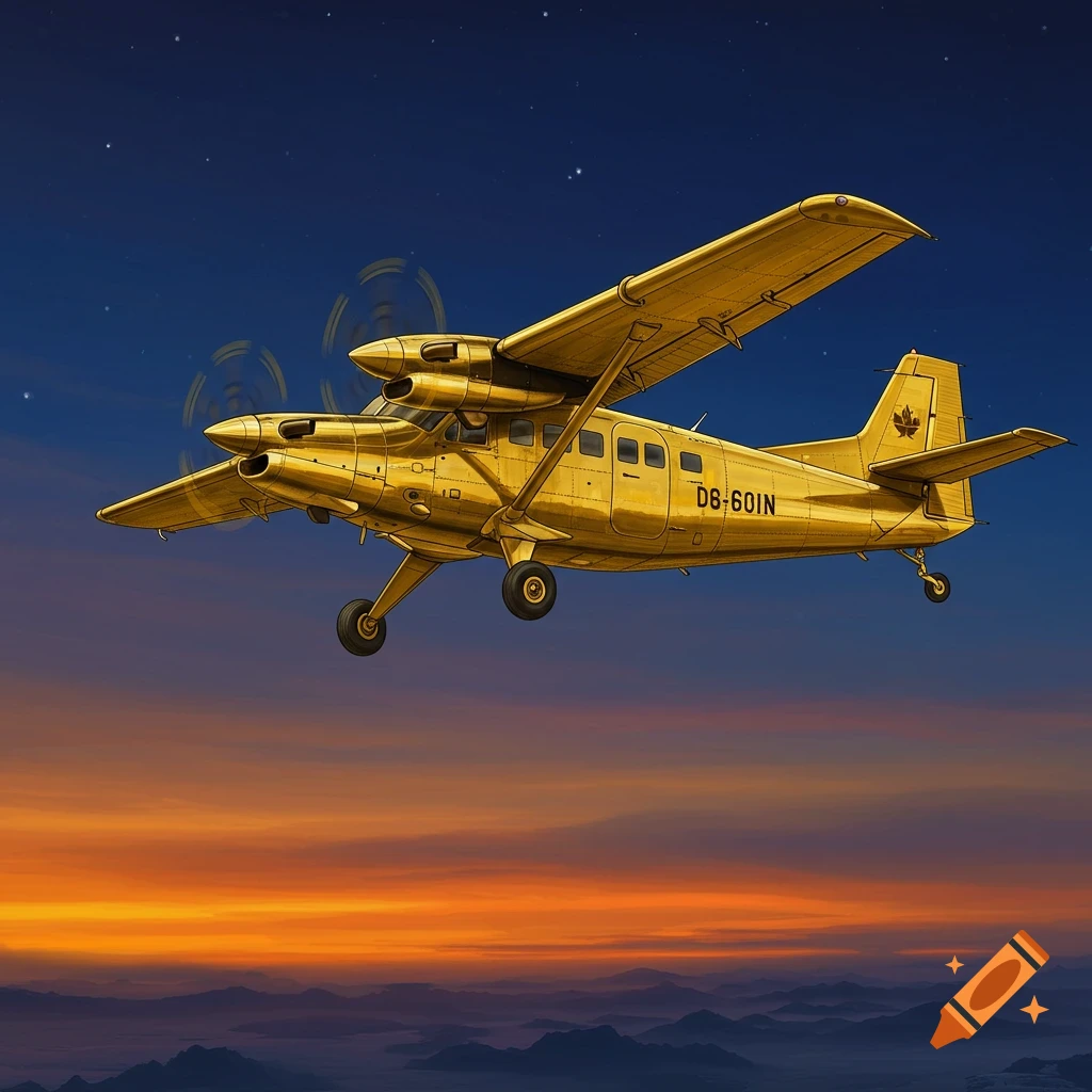 A gold twin-engine airplane flies against a sunset sky. on Craiyon