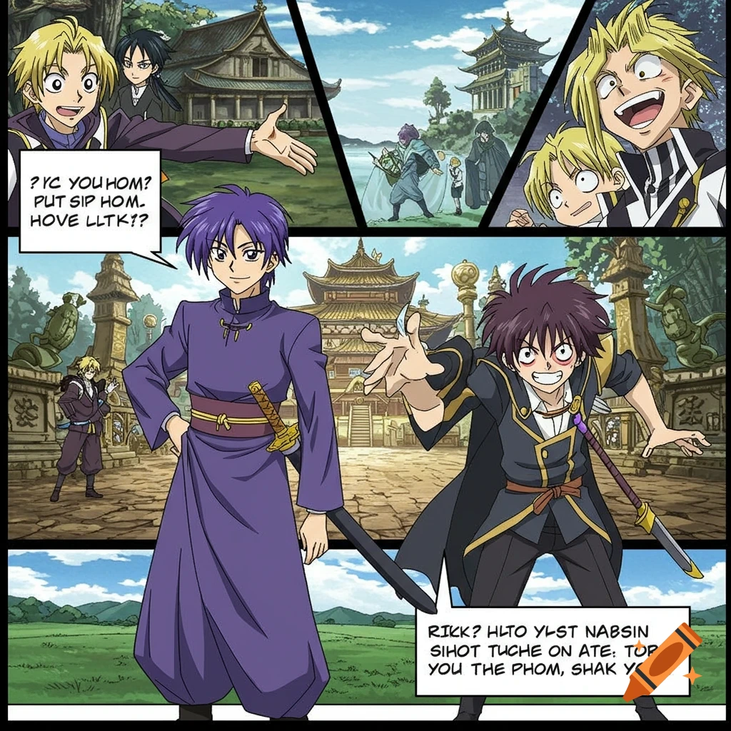 Crossover of Tamahome and Nabeshin in anime style on Craiyon