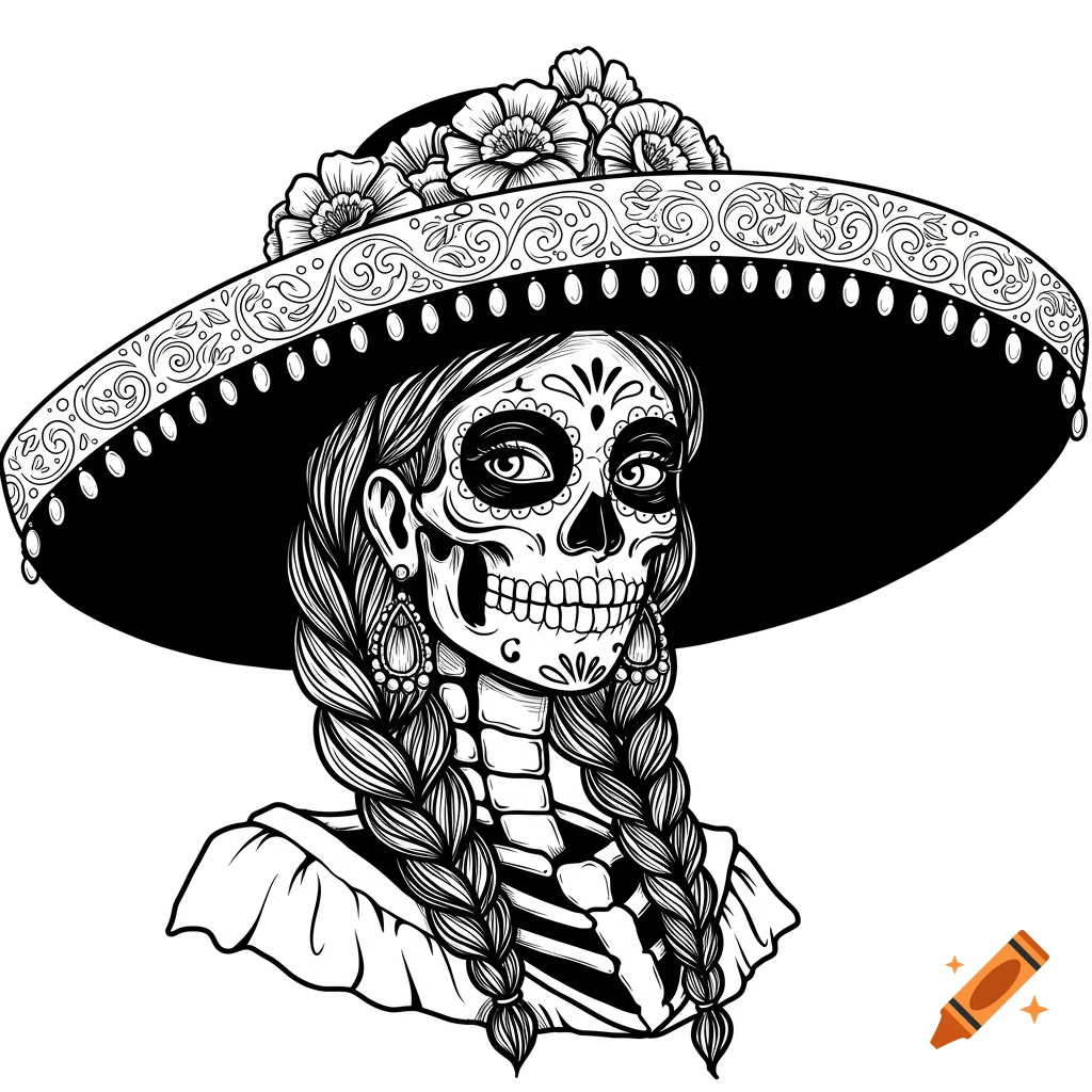 Black and white SVG image of a skeleton Catrina with a hat on Craiyon
