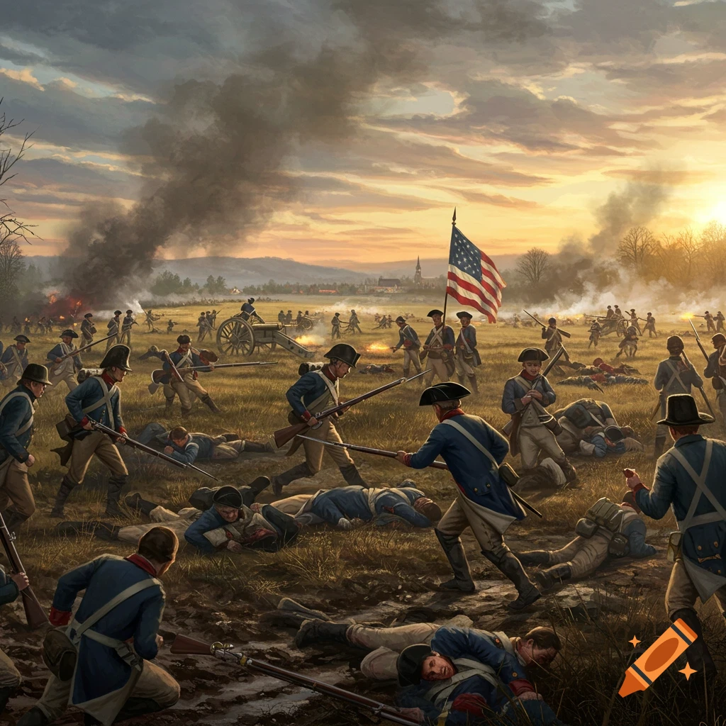 A large-scale historical battle scene in a field with soldiers, smoke ...