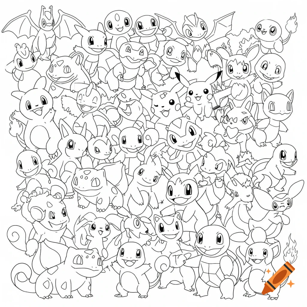 Coloring page style drawing of original 151 Pokemon on Craiyon