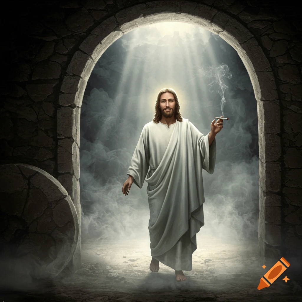 Jesus walking from a tomb, holding a lit joint, bathed in light rays ...