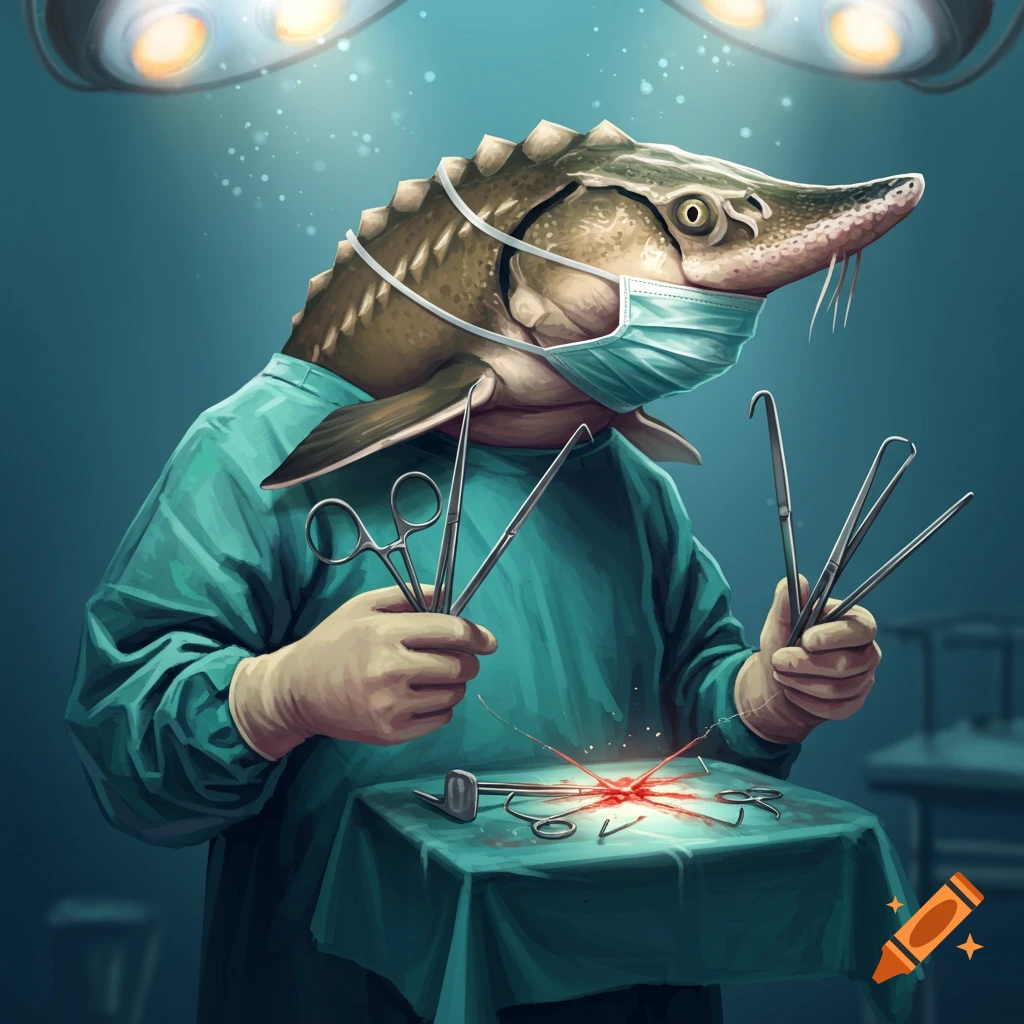 A sturgeon fish dressed as a surgeon, holding surgical instruments in ...