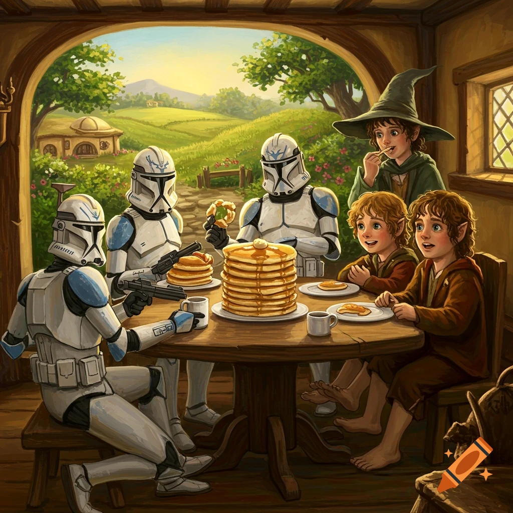 Hobbits eating pancakes with clone troopers on Craiyon