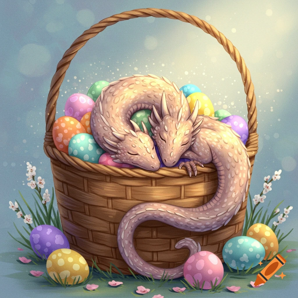 A sleeping dragon curled up in an Easter basket filled with colorful ...