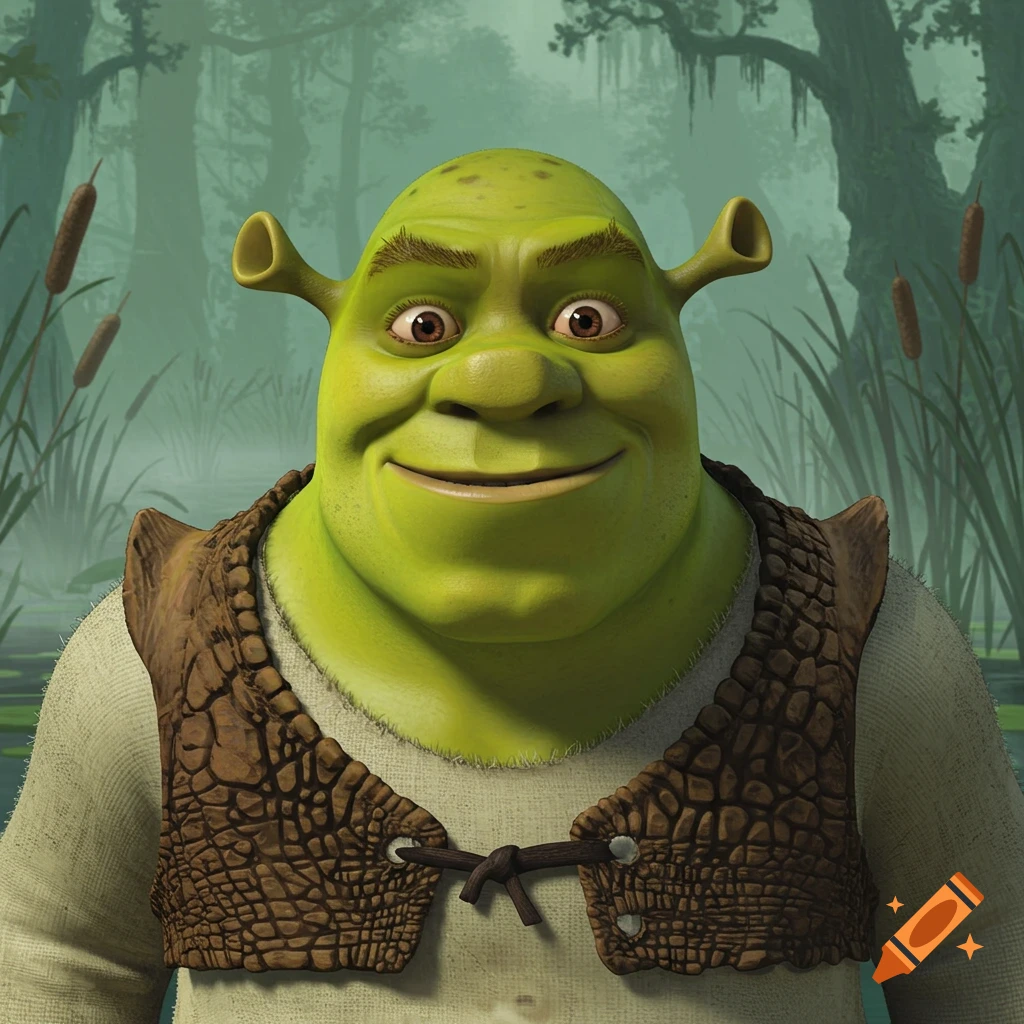 Shrek character dressed as Chucky doll, humorous mashup on Craiyon