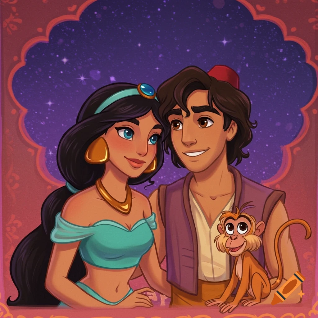 Jasmine and Aladdin with altered features and a pet monkey on Craiyon