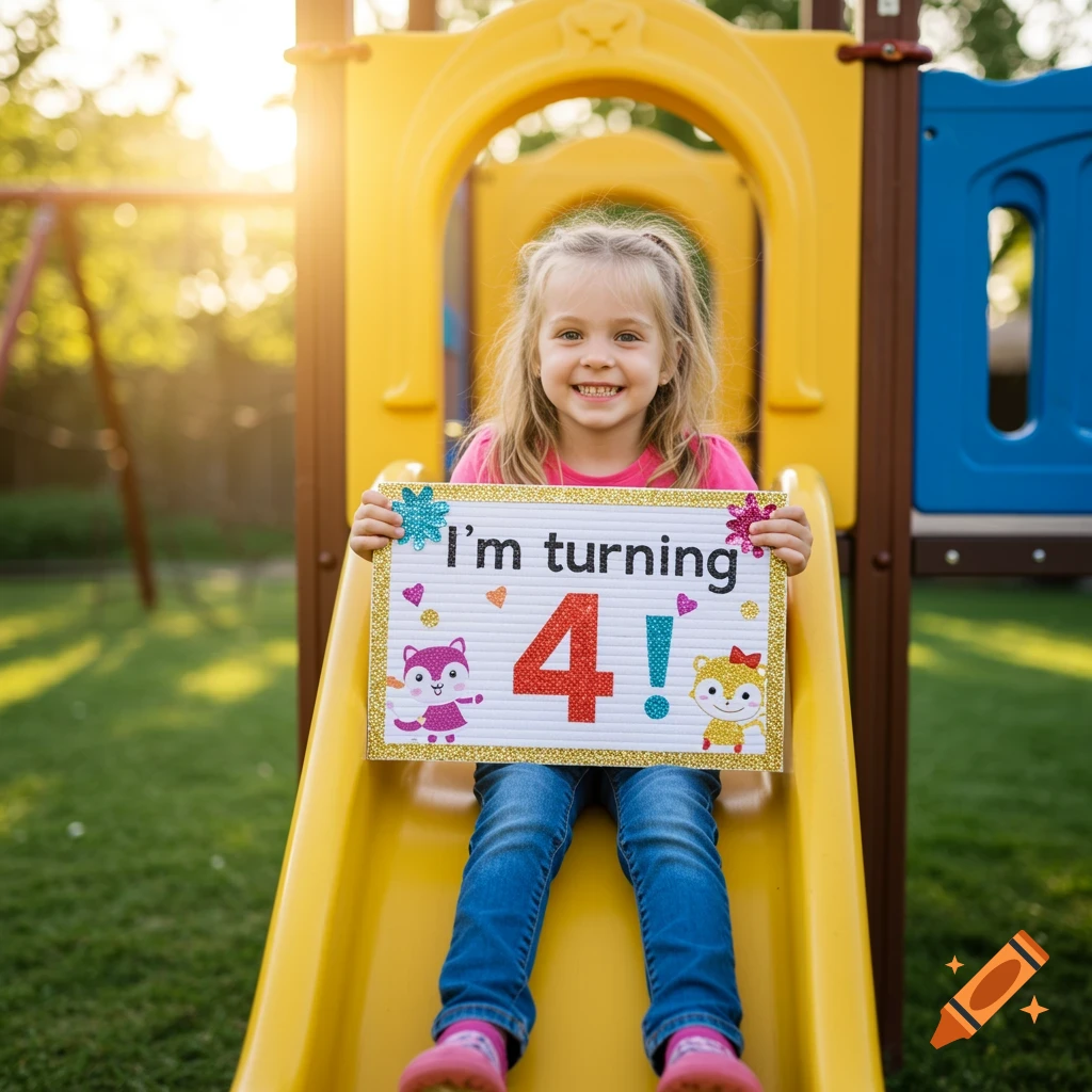 Little girl at playground holding 'I'm turning 4!' sign on Craiyon