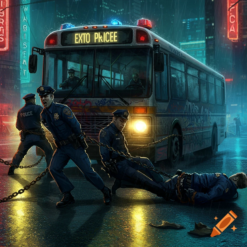 Photorealistic painting of a police officer chasing a man through a ...
