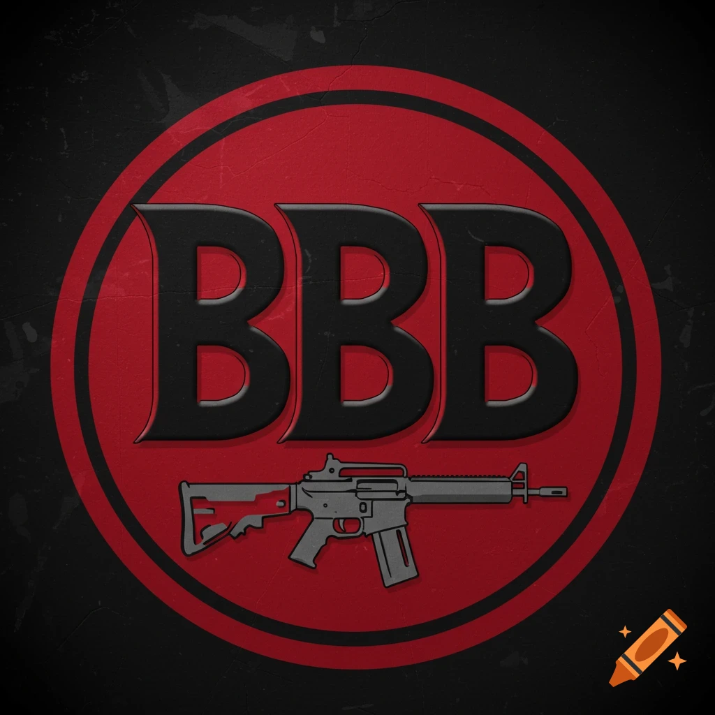Logo with black letters BBB and a rifle in a red circle on Craiyon