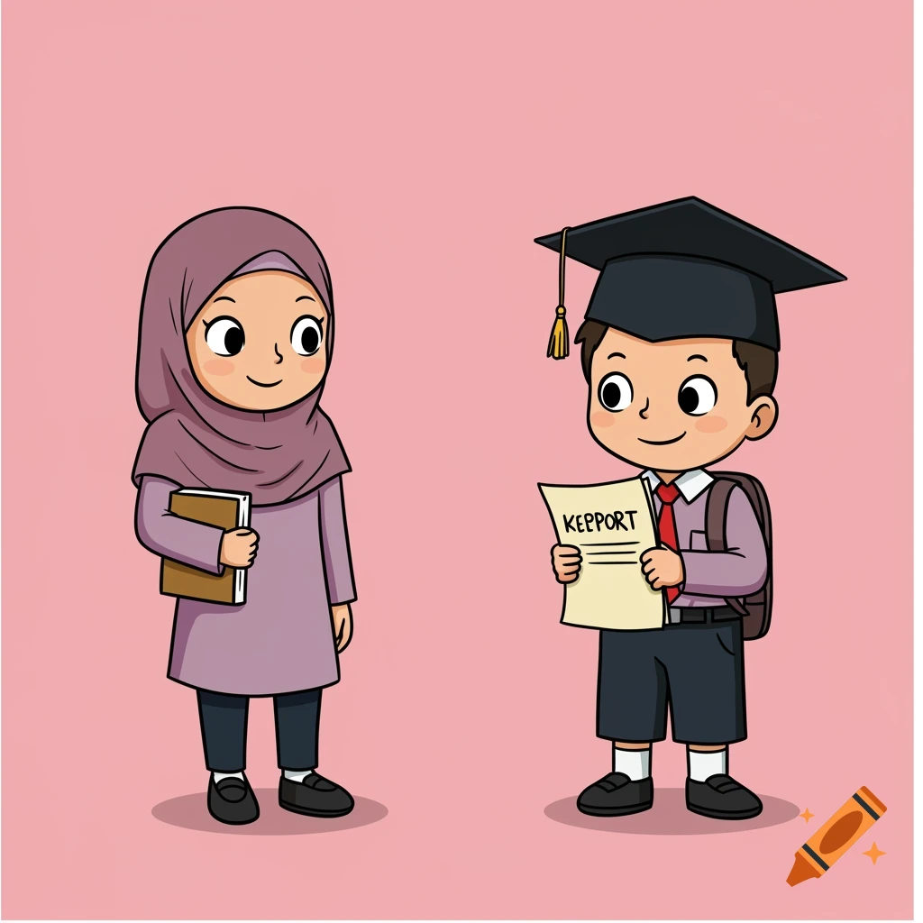 Animated photo of female students with Islamic hijab and first grade ...
