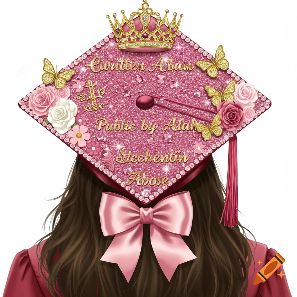 Graduation cap with pink rhinestones, gold butterflies, flowers ...