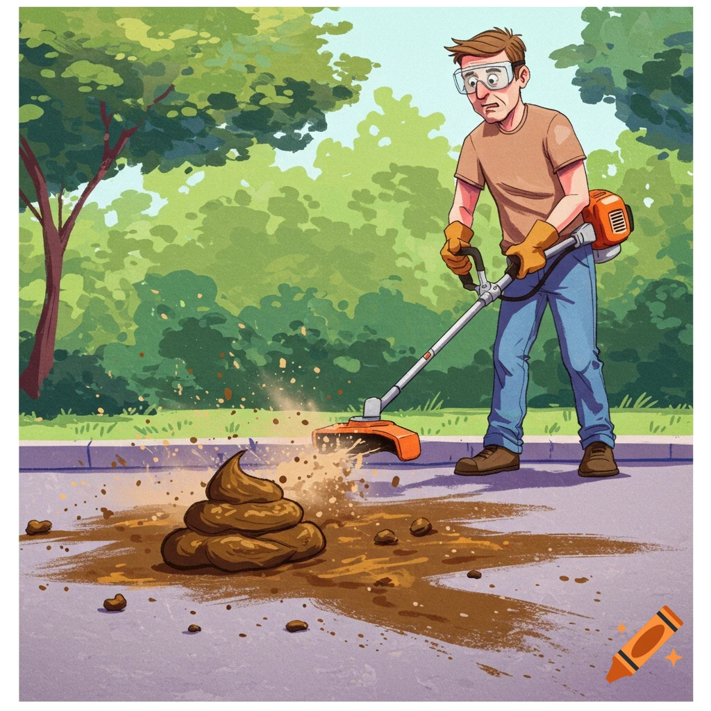Cartoon illustration of a man cutting a tree with a chainsaw, wearing ...