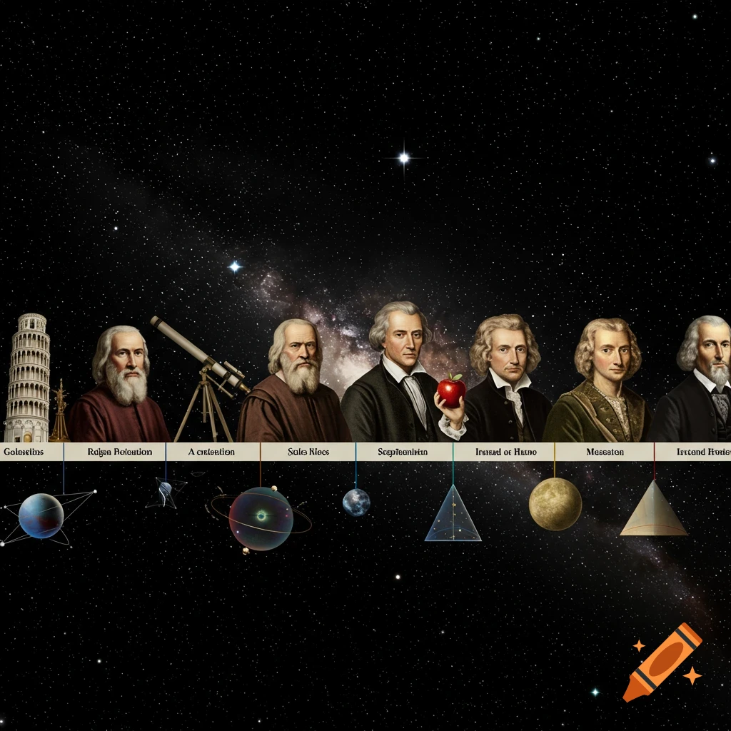 Timeline collage of physics evolution with Galileo and Newton on Craiyon