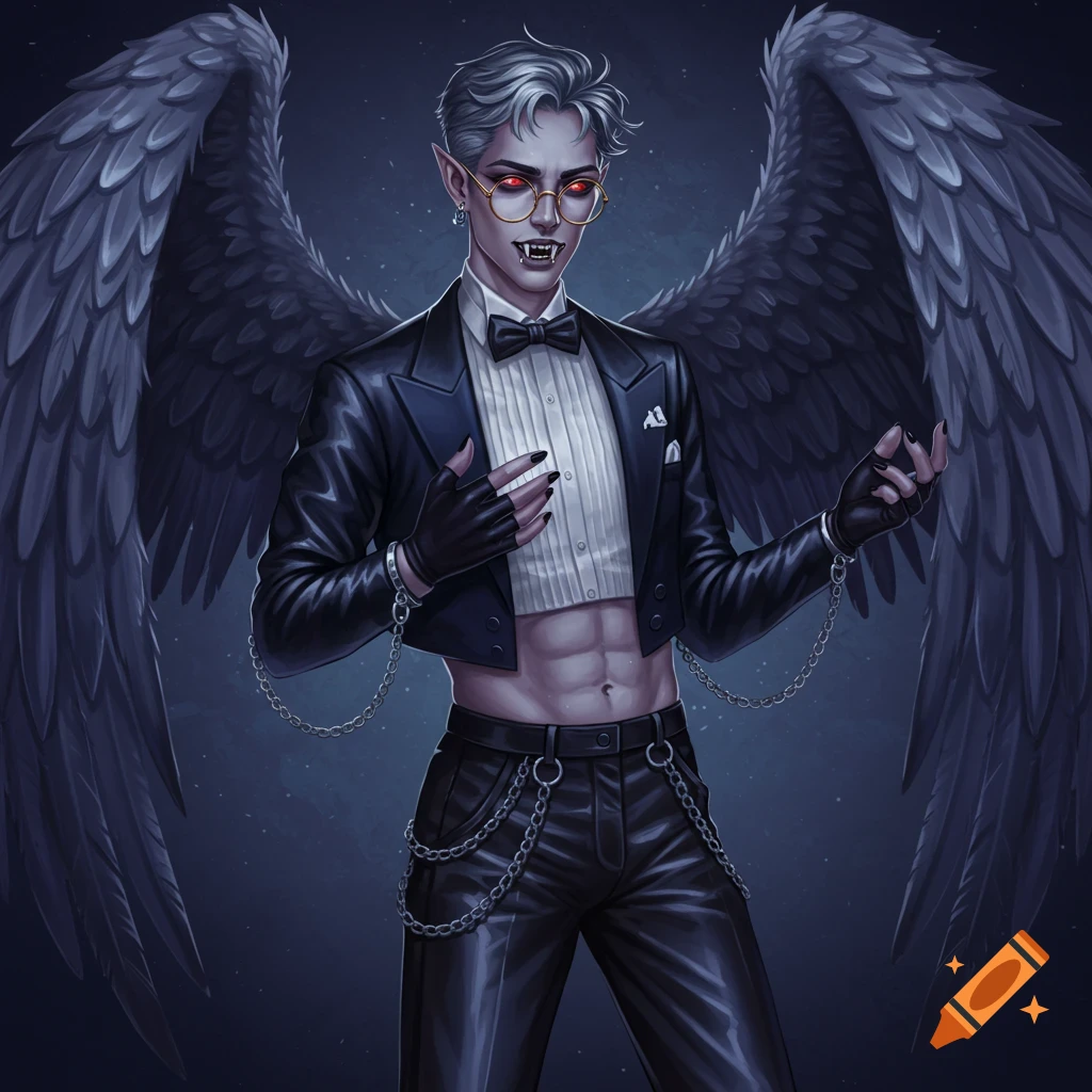 Digital painting of a fantasy character with wings, fangs, red eyes ...