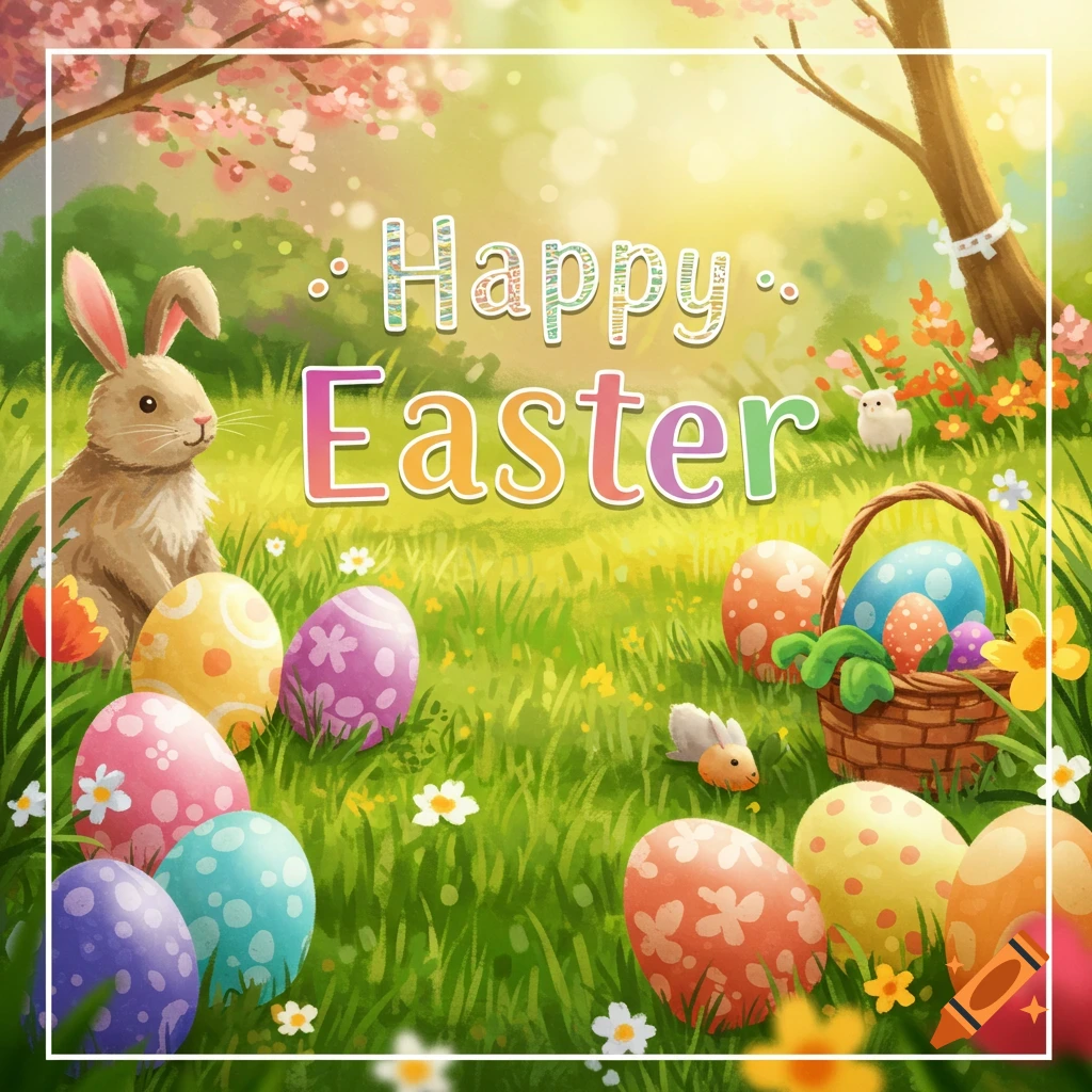 An Easter bunny with colorful eggs and 'Happy Easter' text in a field ...